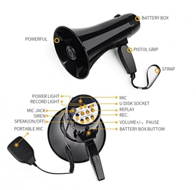 800M Battery Powered Megaphone Rechargeable Black Plastic Megaphones 1 ...